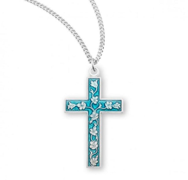 Blue Floral Enameled Sterling Silver Cross – Beattitudes Religious Gifts